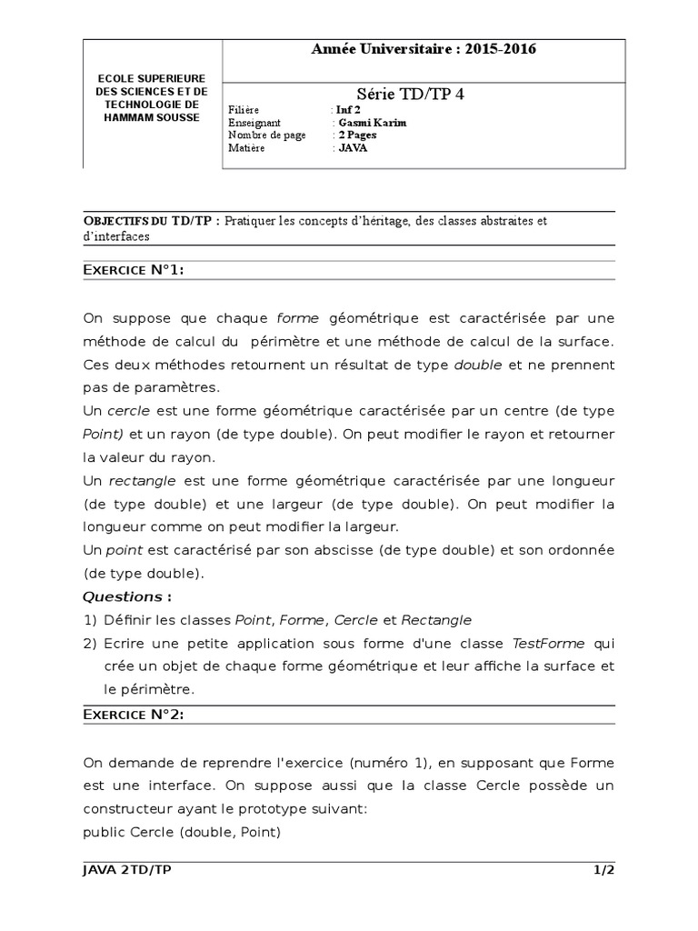 TD Java | PDF | Interface (Informatique) | Classe (informatique)