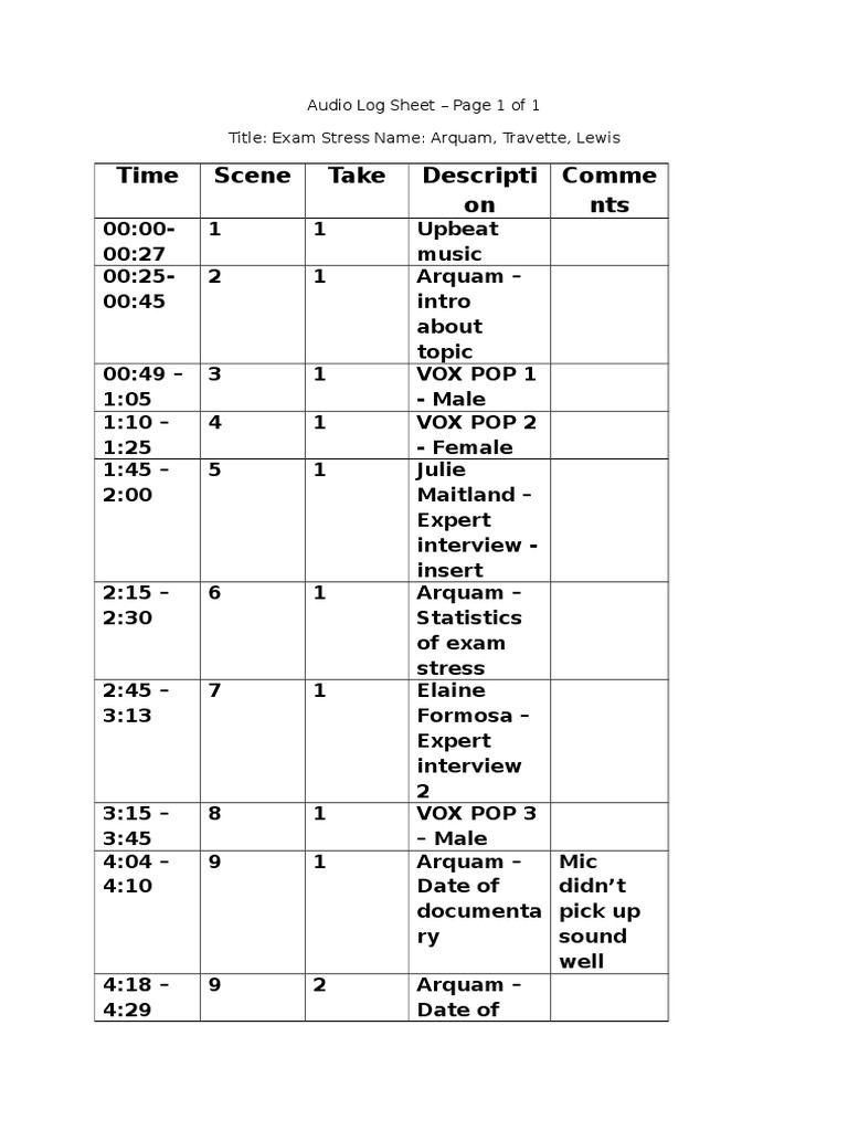 Audio Log Sheet | PDF | Entertainment (General)