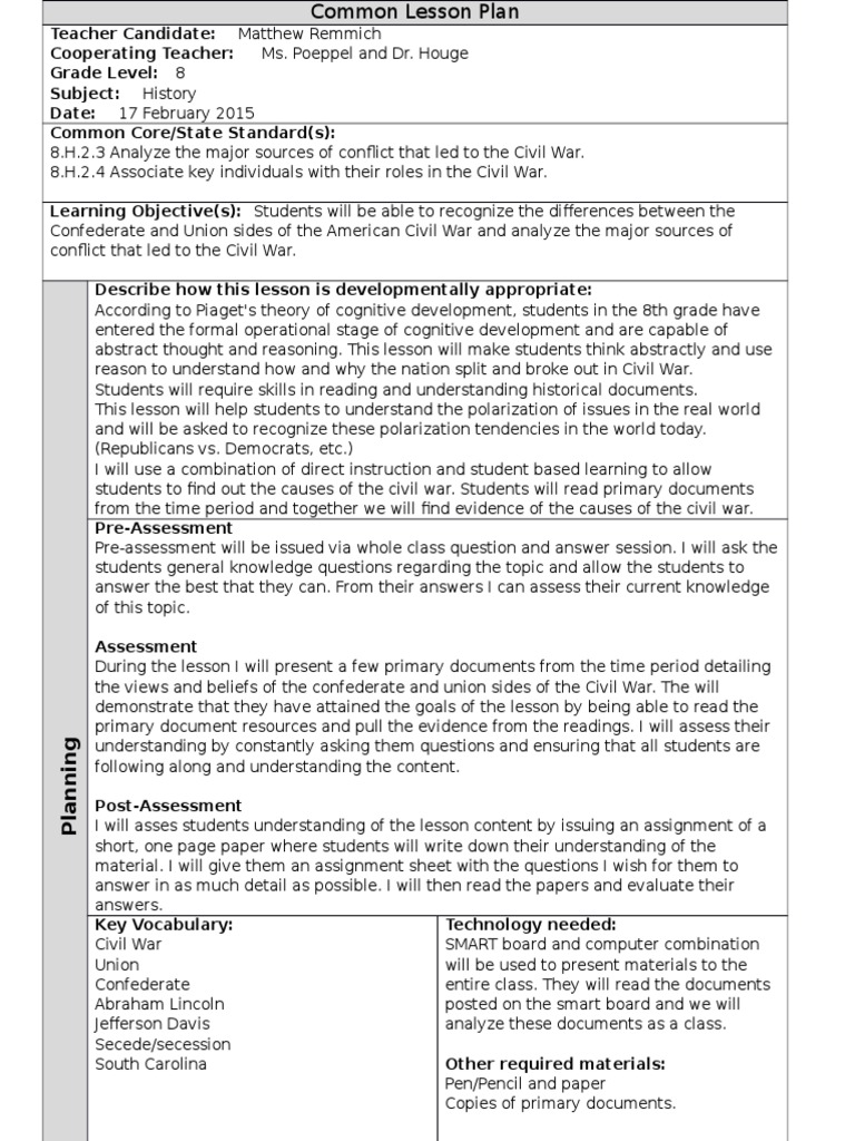 Civil War Lesson Plan | PDF | Lesson Plan | Cognitive Development