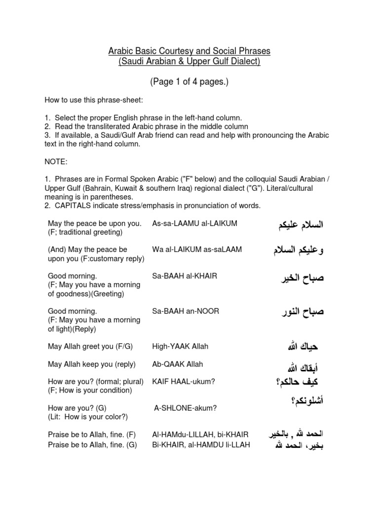 Arabic - Saudi & Upper Gulf Dialects - Basic Courtesy Phrases [4 pp ...