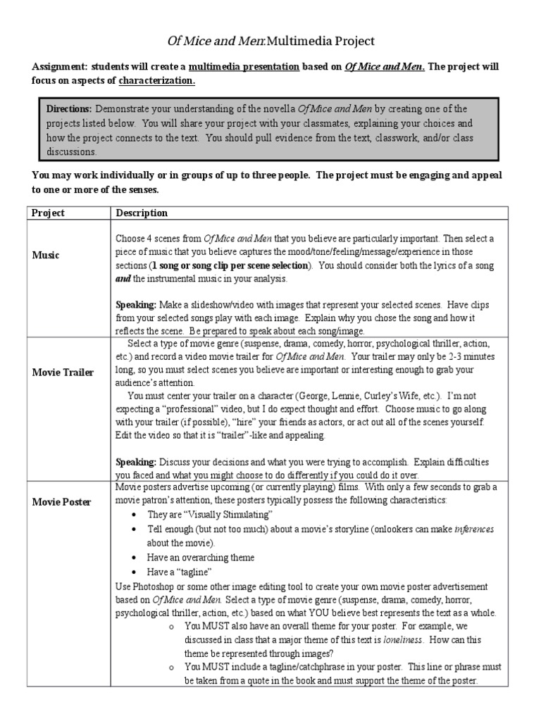 Of Mice and Men Multimedia Project Guide | PDF