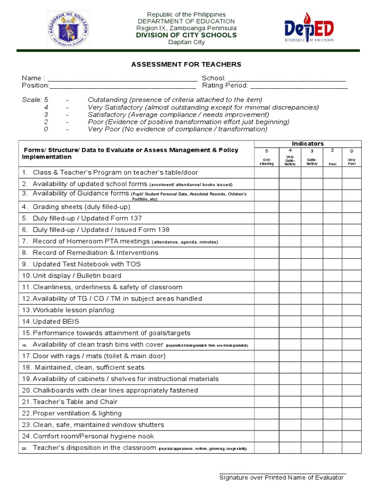 Teacher Assessment Evaluation Form | PDF | Career & Growth