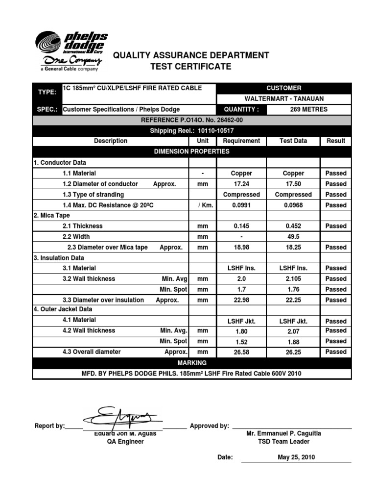 Test Certificate for 185mm² LSHF Cable | PDF | Computers | Technology ...