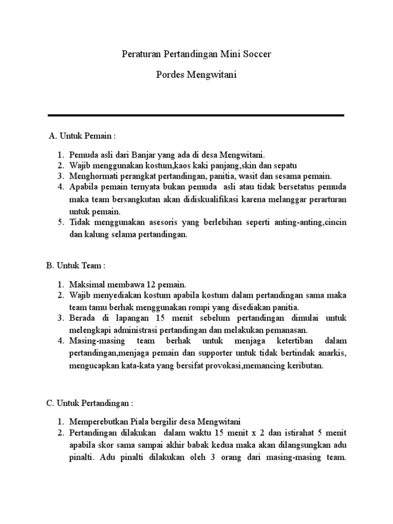 Peraturan Pertandingan Mini Soccer | PDF
