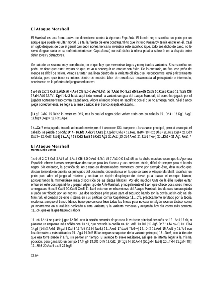 Ataque Marshall en Ajedrez | PDF | Aperturas de ajedrez | Juegos de ...