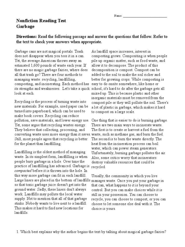 Nonfiction Reading Test Garbage | Download Free PDF | Waste | Landfill