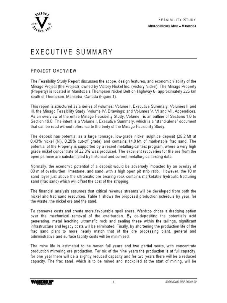 Victory Nickel Minago Project Feasibility Study 2009 Executive Summary ...