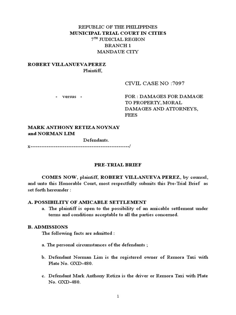 Pre Trial Brief | Lawsuit | Damages