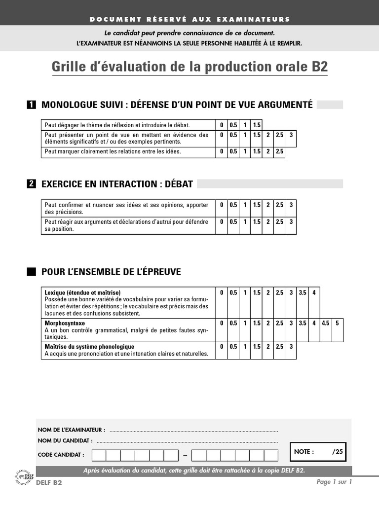 Grille d'évaluation DELF B2 Production Orale | PDF | Évolution de carrière | Études des langues ...
