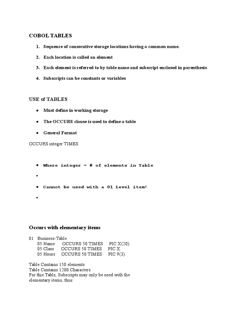Cobol Tables | PDF | Subroutine | Database Index