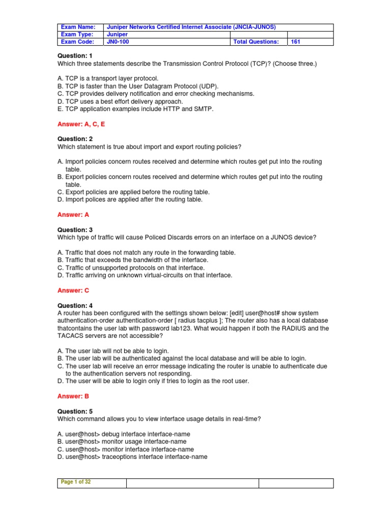 JNCIA-JUNOS Exam Questions | PDF | Ip Address | Router (Computing)