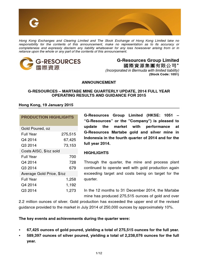 G-Resources Group Limited: Production Highlights | PDF | United States ...