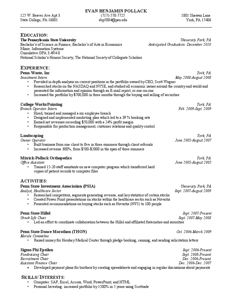 Evan Pollack Resume | PDF | Pennsylvania State University ...