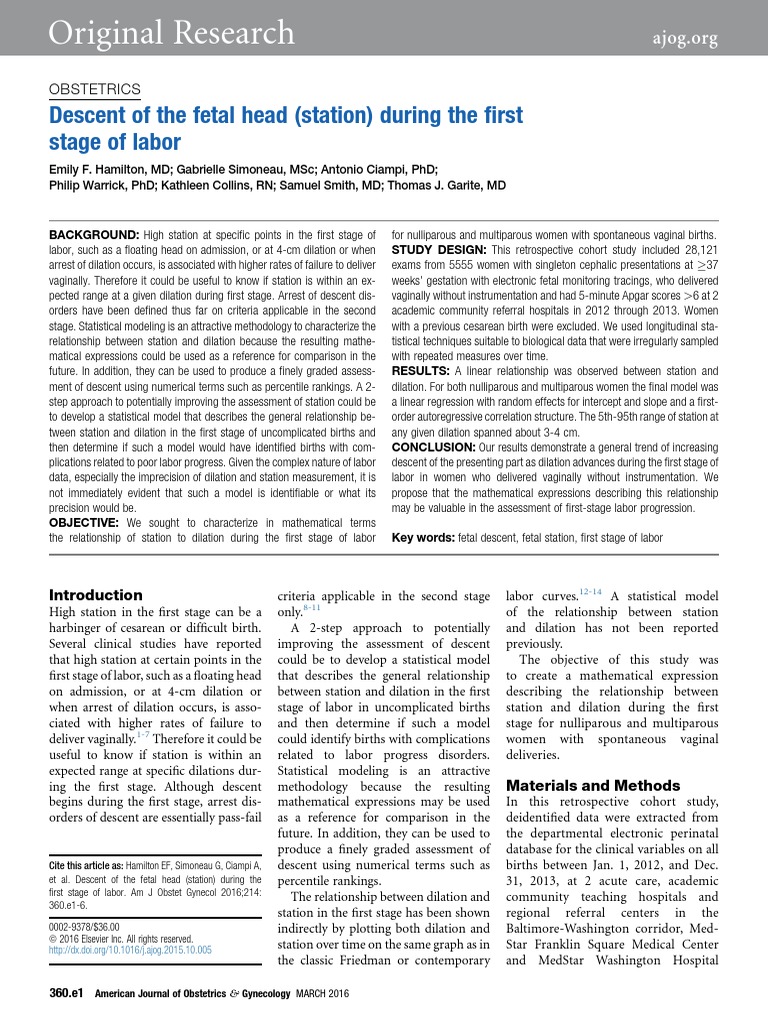 Descent of Fetal Head (Station) During 1st Stage of Labor | Childbirth ...