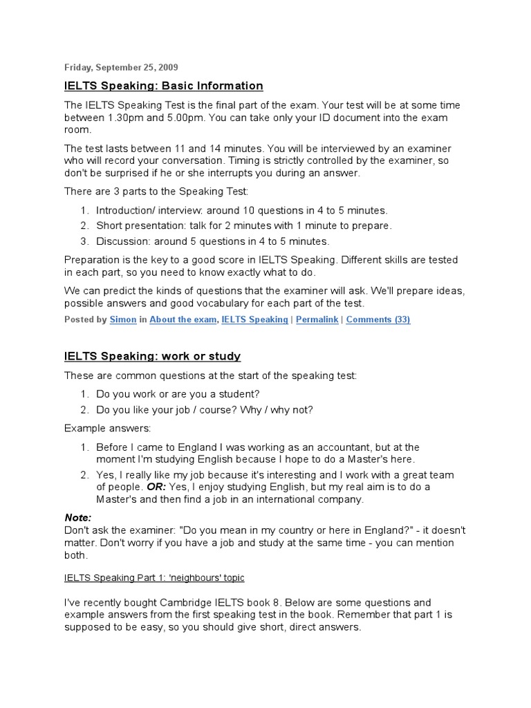 IELTS Speaking Part 1 - Guide | Download Free PDF | International ...