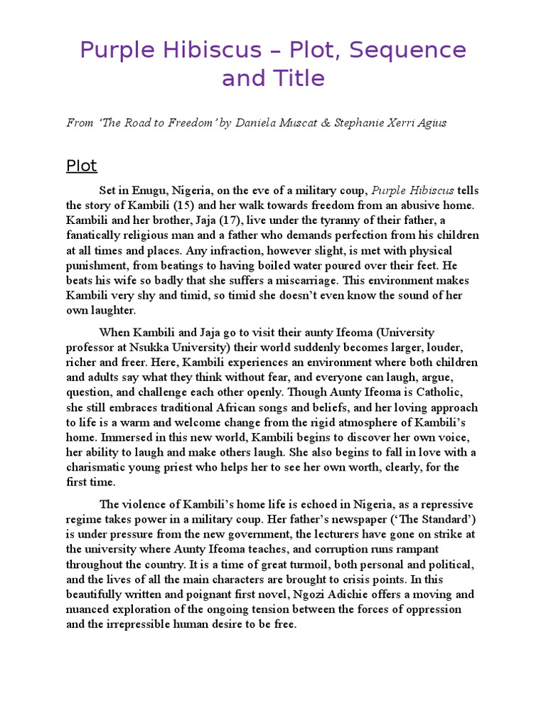 Purple Hibiscus - Plot, Sequence and Title | PDF | Religion And Belief