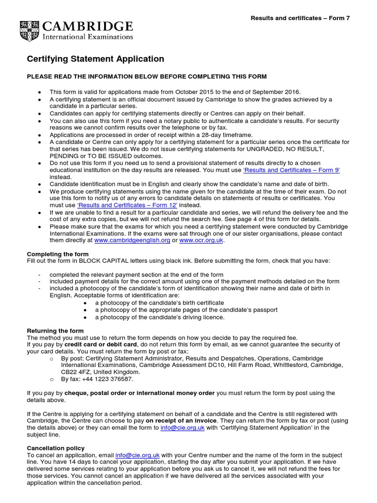 Certifying Statement Application Results and Certificates Form 7 | PDF ...