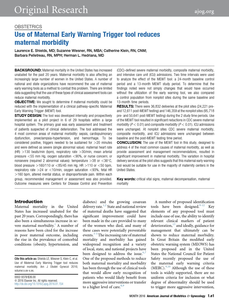 Use of Maternal Early Warning Trigger tool to reduce maternal morbidity ...