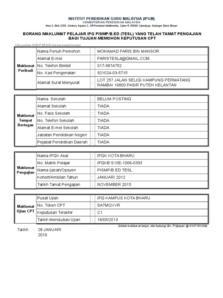 Borang Pendaftaran CPT Bagi Bekas Pelajar IPG PISMP-B.ed (TESL) | PDF
