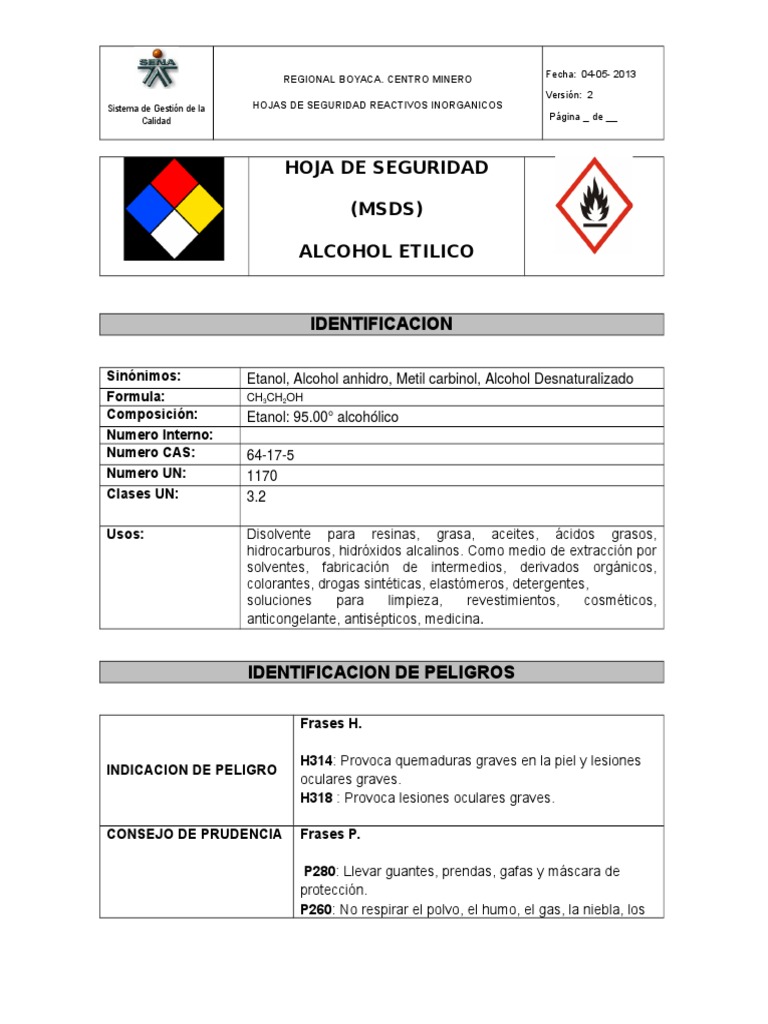 Hoja de Seguridad Alcohol Etilico | PDF | Etanol | Alcohol