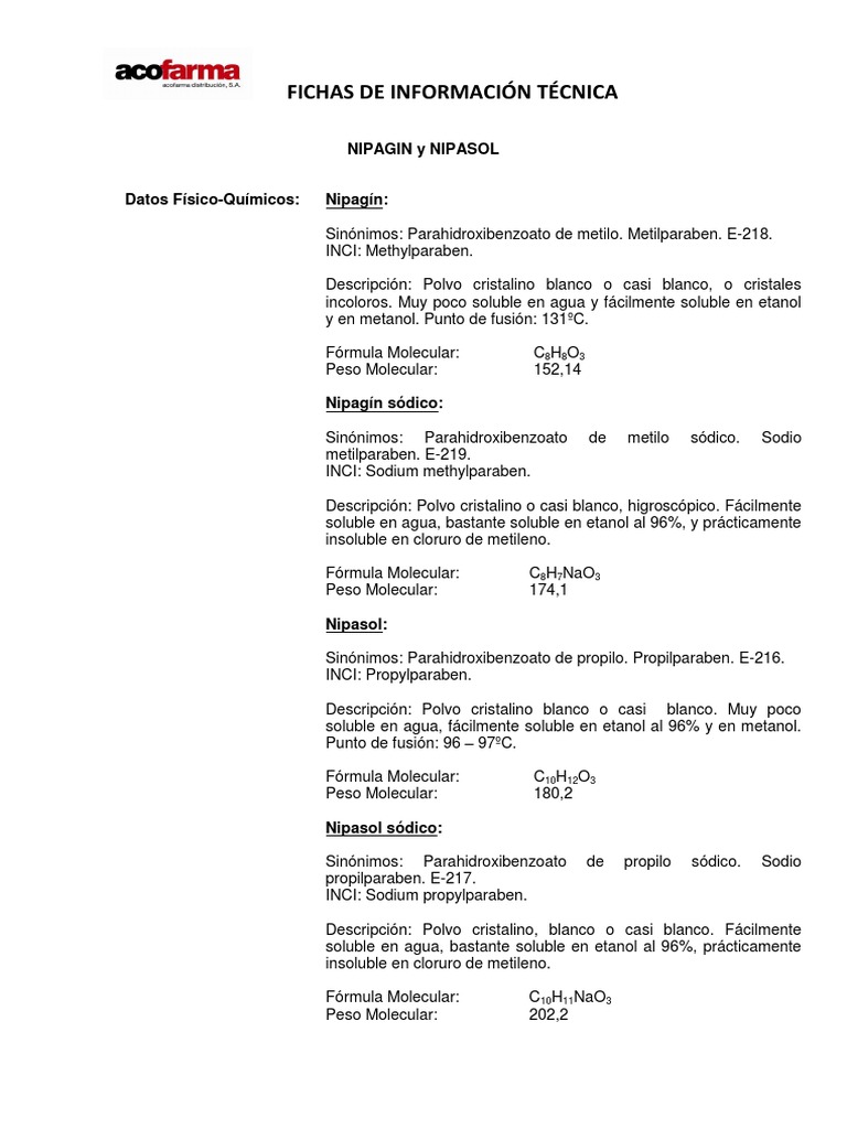 Información técnica sobre Nipagín y Nipasol | PDF | Solubilidad | Etanol