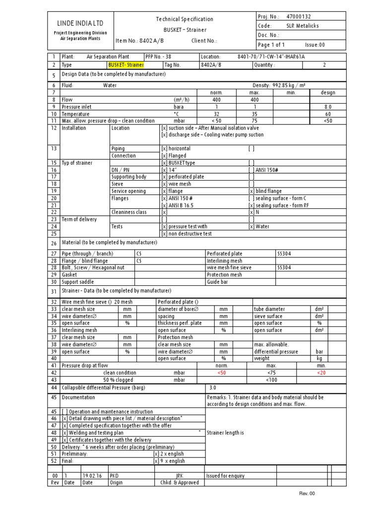 SLR Strainer Data Sheet | Pipe (Fluid Conveyance) | Screw