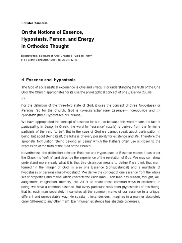 On The Notions of Essence, Hypostasis Person and Energy in Orthodox ...