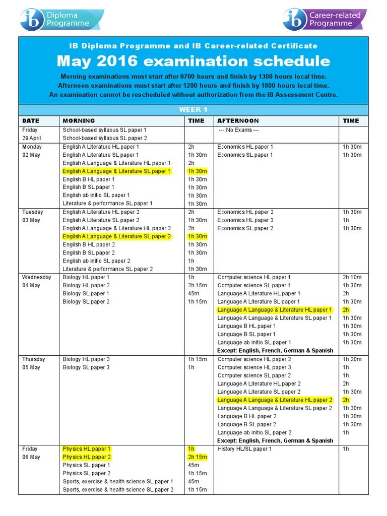 May 2016 Examination Schedule: IB Diploma Programme and IB Career ...