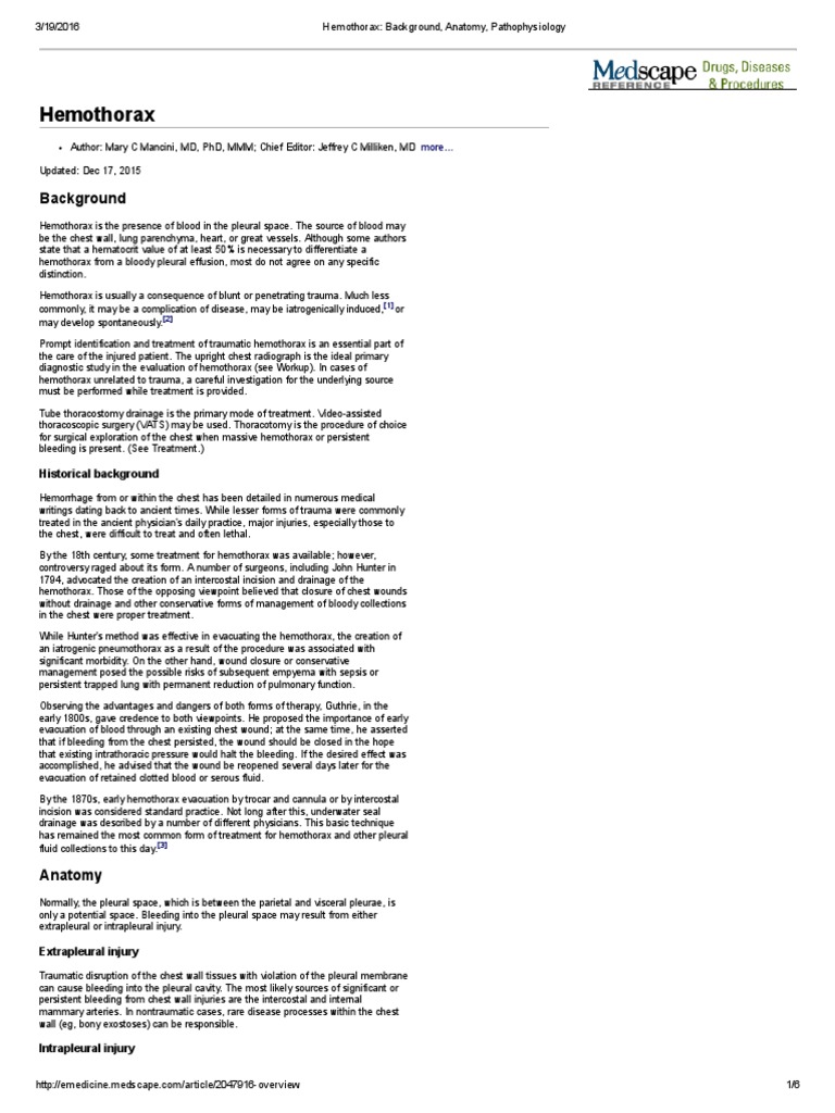 Hemothorax - Background, Anatomy, Pathophysiology PDF | PDF | Medical Specialties | Thorax ...