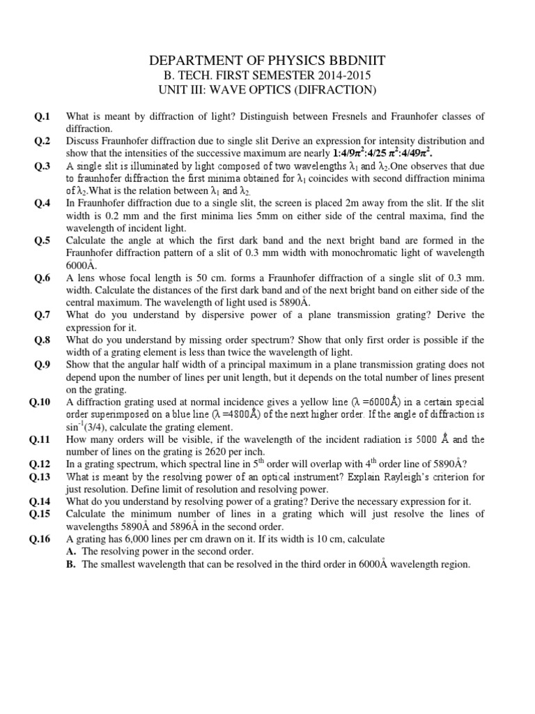 Tutorial Sheet Diffraction | PDF | Angular Resolution | Diffraction