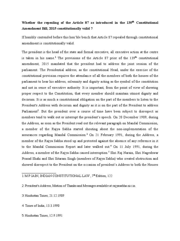 Whether The Repealing of The Article 87 As Introduced in The 139 ...