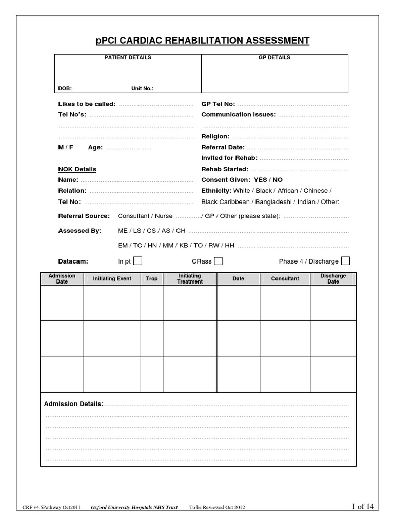 Cardiac Rehabilitation Assessment Form | High Density Lipoprotein ...
