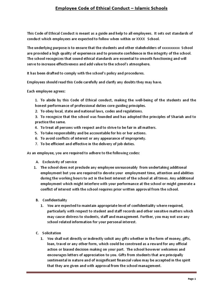Employee Code of Conduct - Islamic Schools | Download Free PDF ...