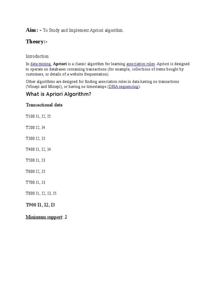 Aim: - Theory:-: What Is Apriori Algorithm? Transactional Data | PDF ...
