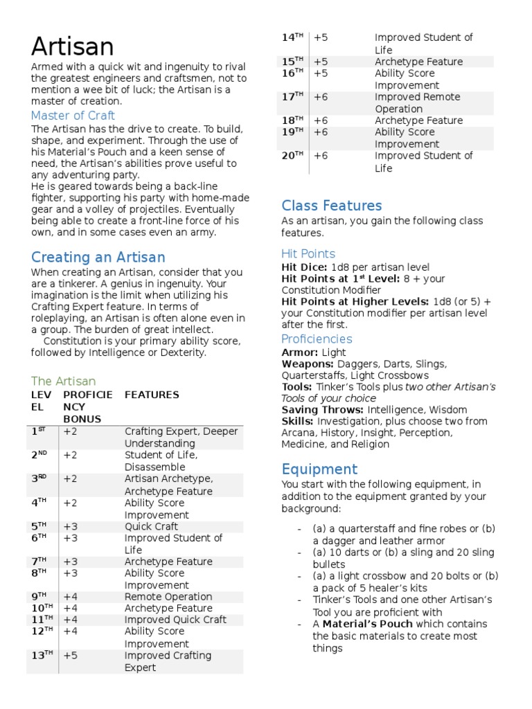 D&D Artisan Class Overview | PDF | Dungeons & Dragons | Leisure