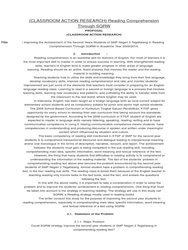 (CLASSROOM ACTION RESEARCH) Reading Comprehension Through SQRW | PDF ...