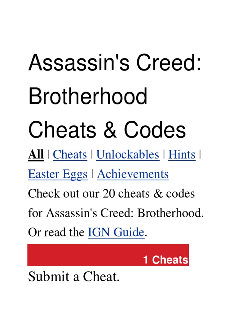 Assassin's Creed Brotherhood Cheats & Codes | PDF | Cheating In Video ...