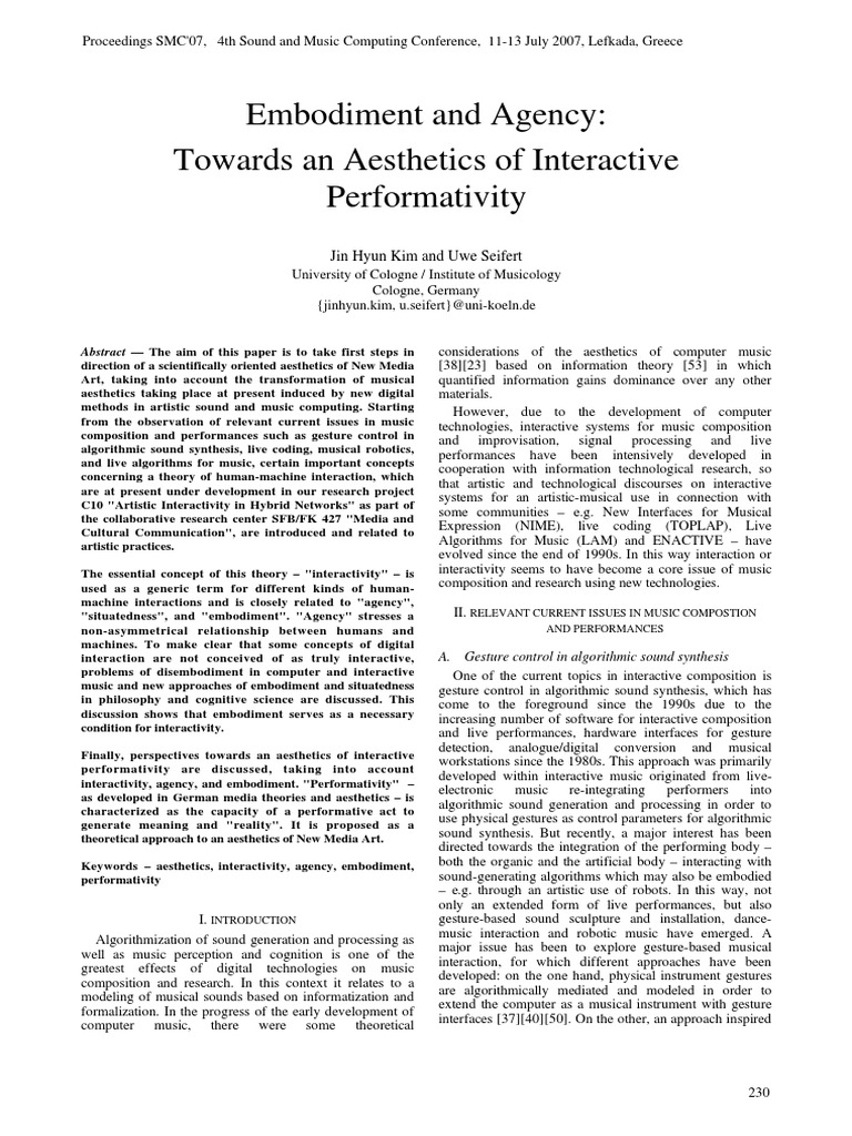 Embodiment and Agency: Towards An Aesthetics of Interactive ...