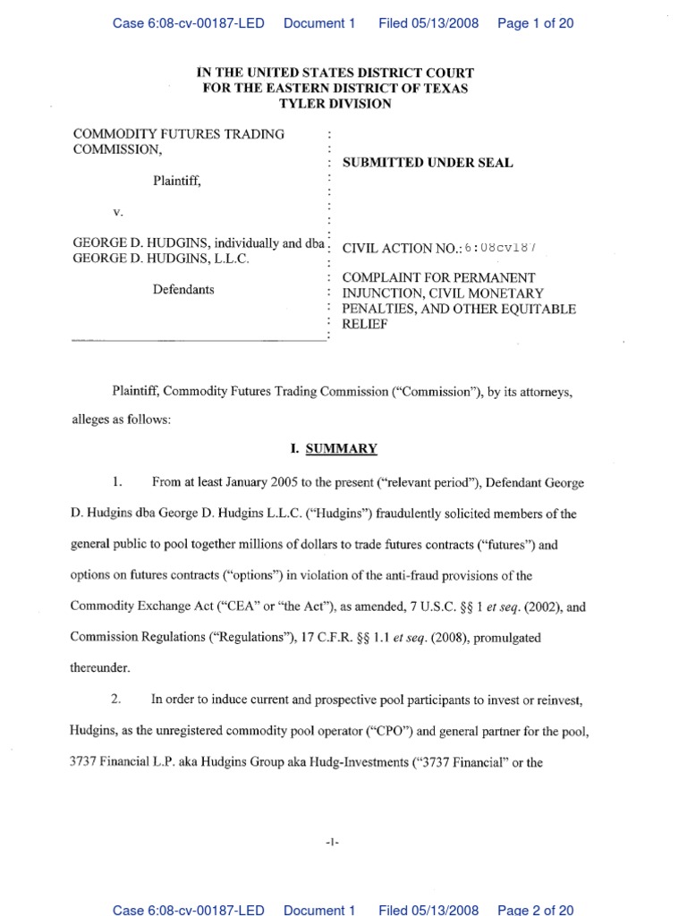 CFTC v. George D. Hudgins: Fraud Case | PDF | Commodity Markets ...