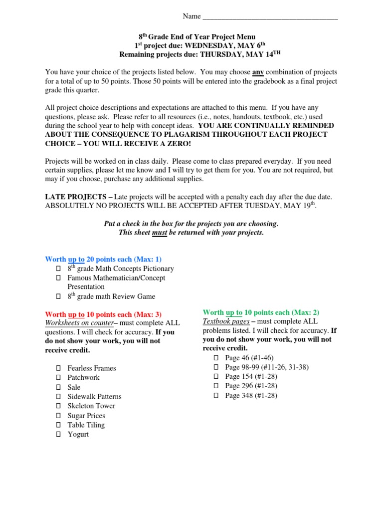 8th Grade Math Project Menu Guide | PDF | Square Root | Function ...