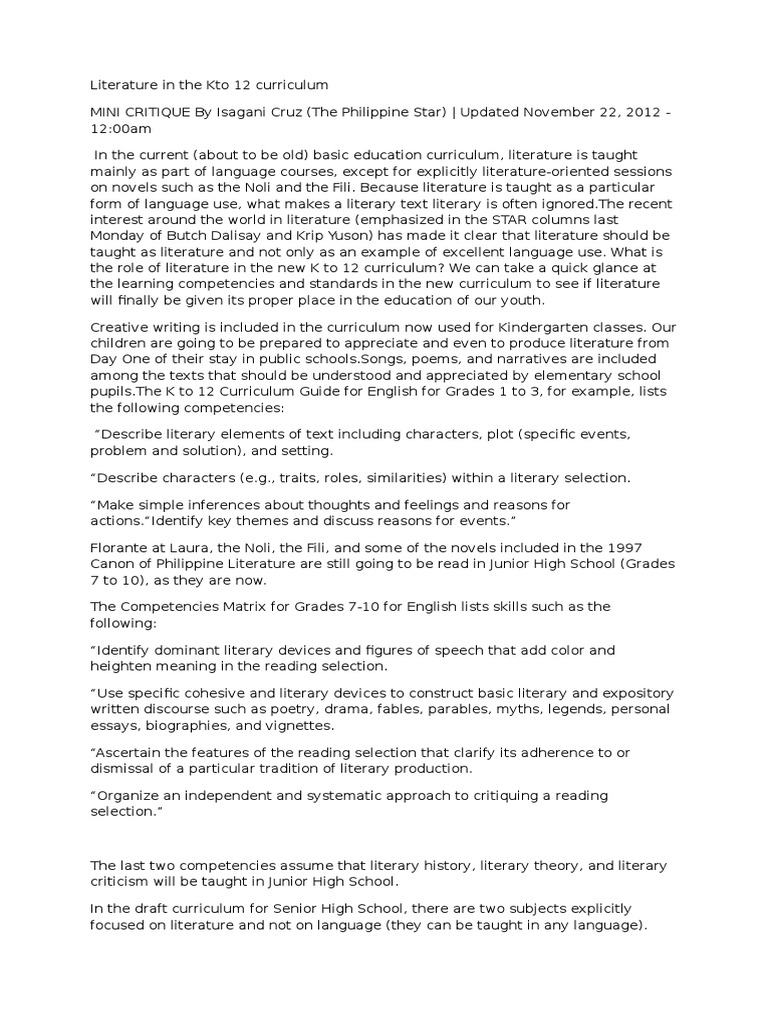 Literature in The Kto 12 Curriculum | PDF | Narrative | Curriculum