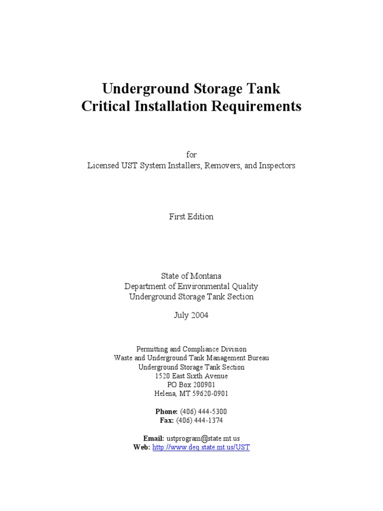 Underground Storage Tank Critical Installation Requirements: For ...
