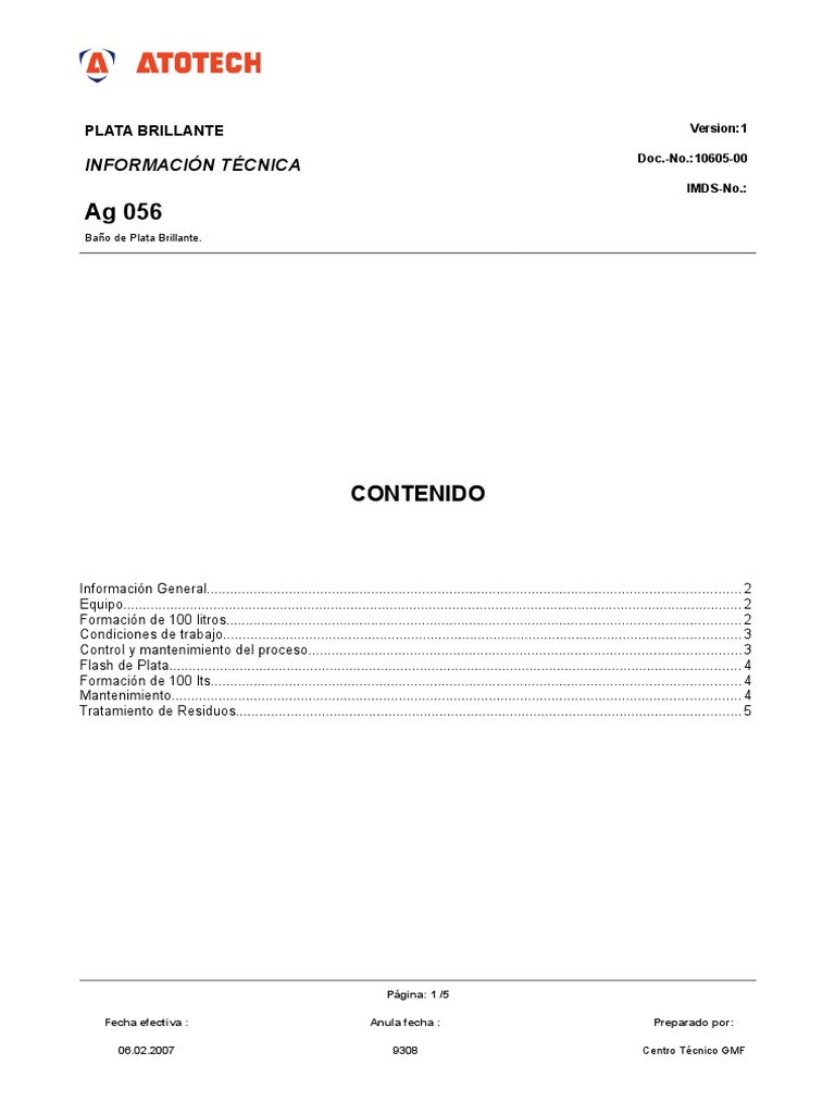 Data Sheet Ag 056 ATOTECH Español (F.T.#03) | PDF | Plata | Revestimiento