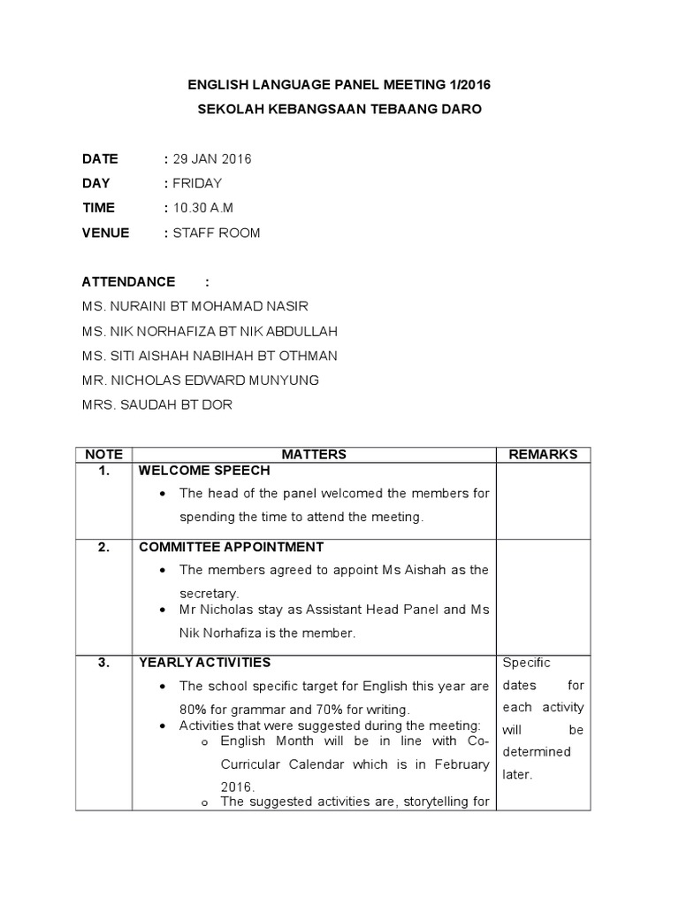 English Language Panel Meeting 1 | PDF | Lesson Plan | Cognitive Science