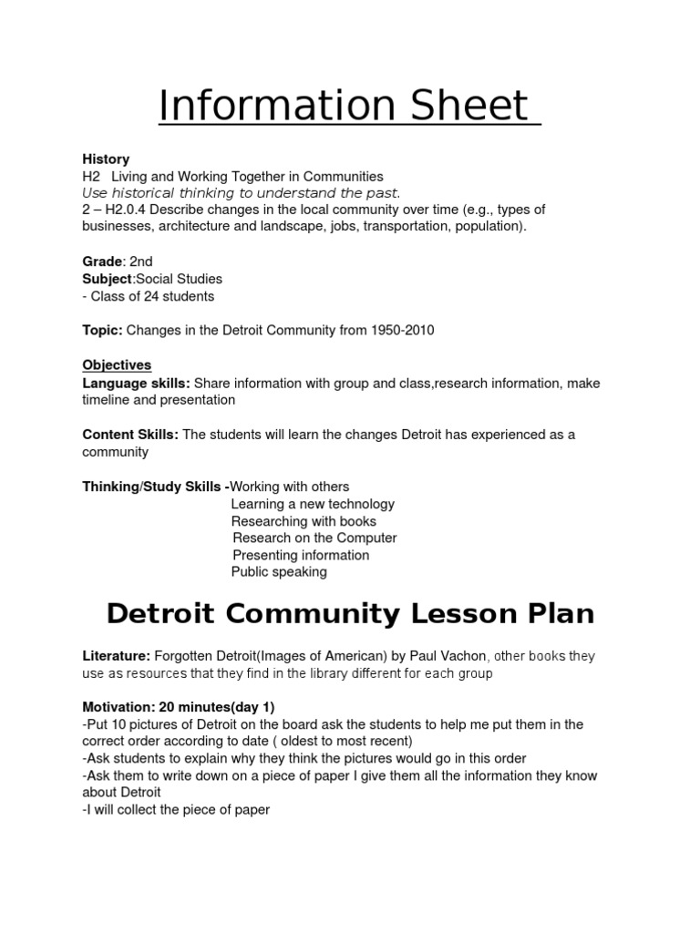 Information Sheet: Detroit Community Lesson Plan | PDF | Lesson Plan ...