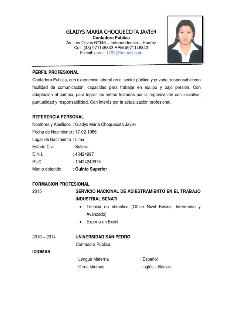 CV Gladys Choquecota PDF | PDF | Microsoft | Contabilidad