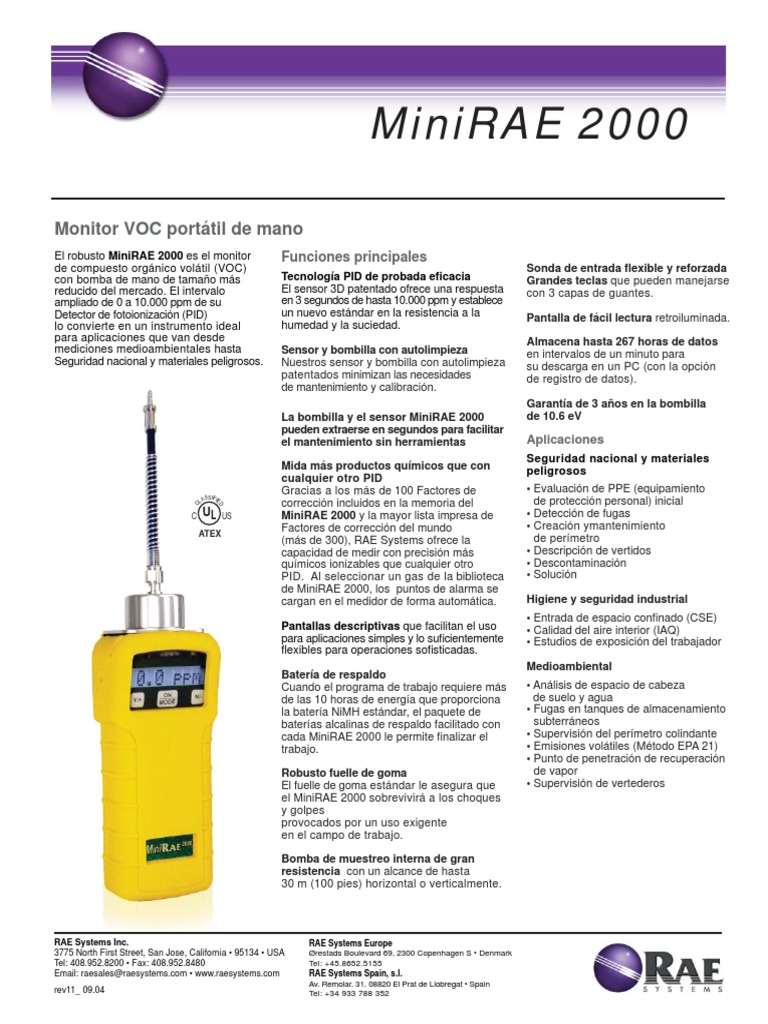 MiniRAE 2000 Datasheet ES | PDF | Calibración | Batería (electricidad)