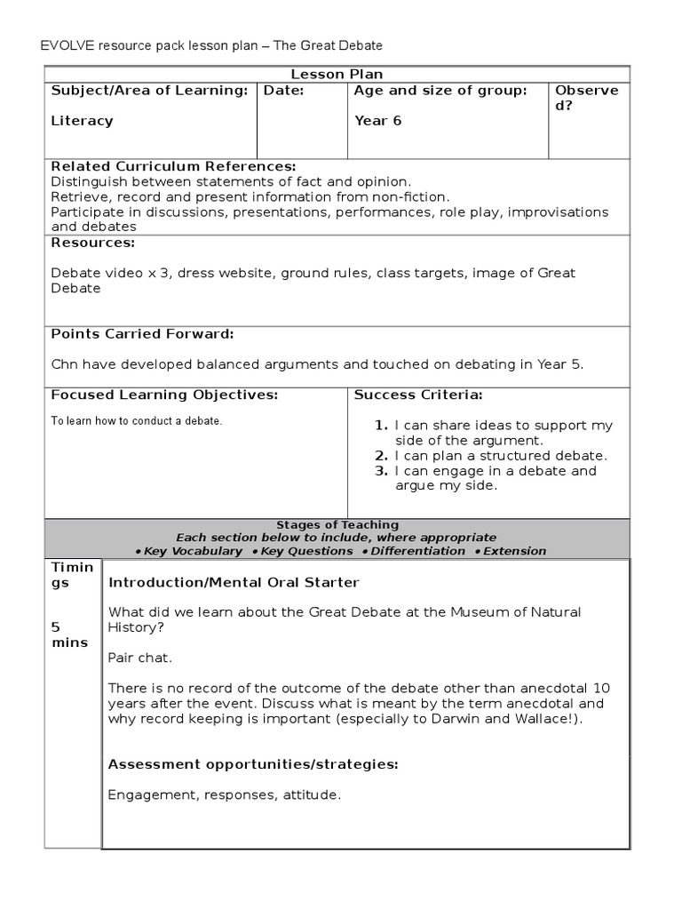 The Great Debate Lesson Plan | Lesson Plan | Educational Assessment