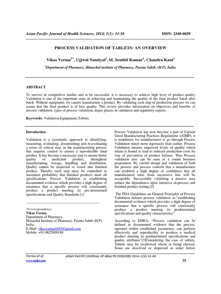 ProcProcess-validation-of-tablets-an-overviewess Validation of Tablets An Overview | PDF ...