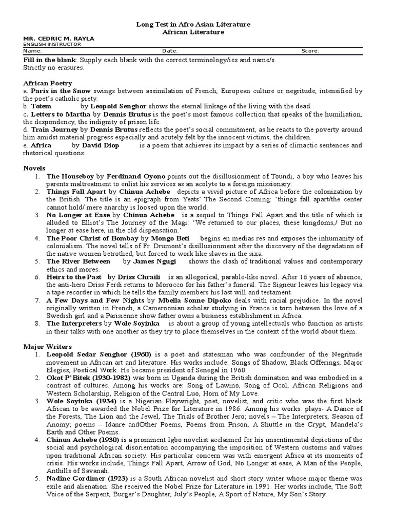 Afro-Asian Literature Test | PDF | Poetry